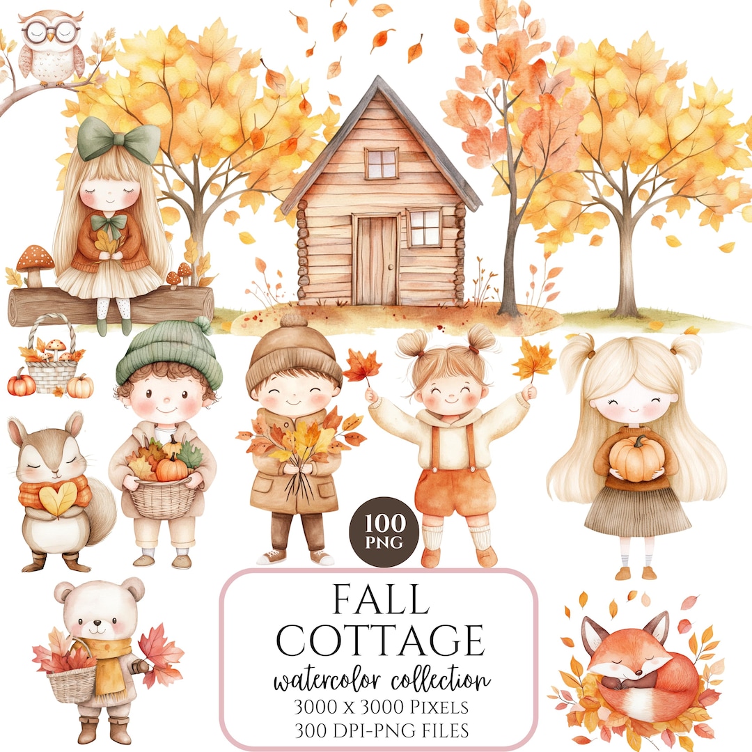 Cute Fall Kids Clipart Bundle – Watercolor Autumn Animals PNG ...