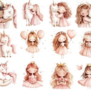 Cute Unicorn and Princess Clipart, Pink and Gold Balloon PNG, Pastel ...