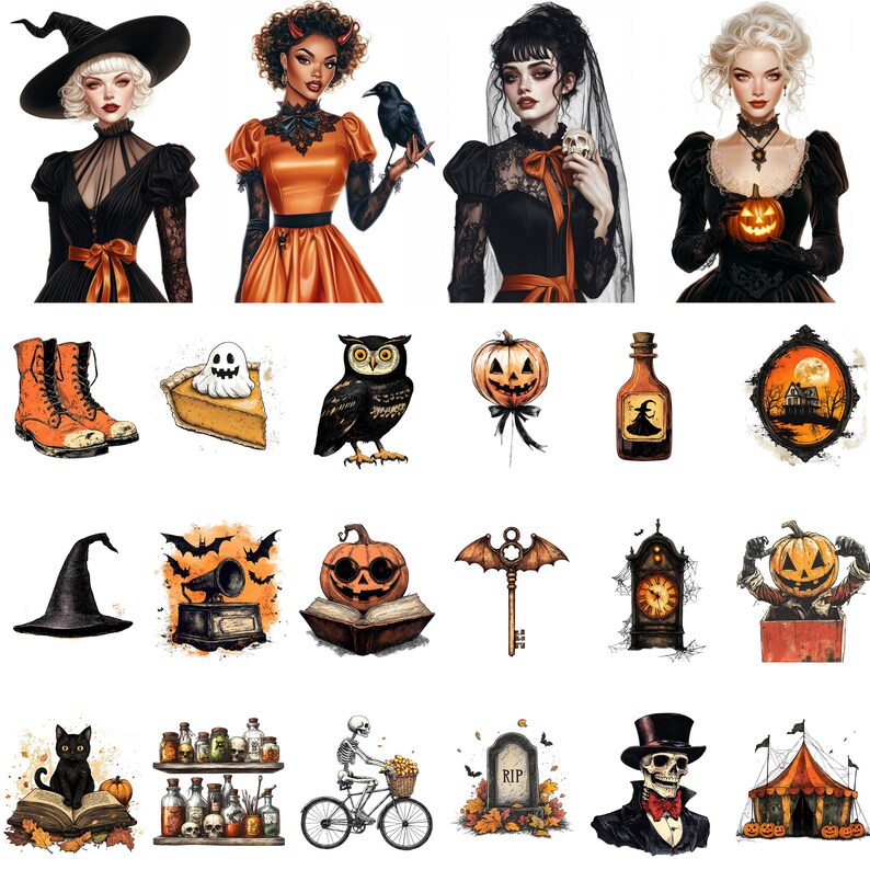Vintage Halloween Clipart Bundle, Spooky PNG for Sublimation ...