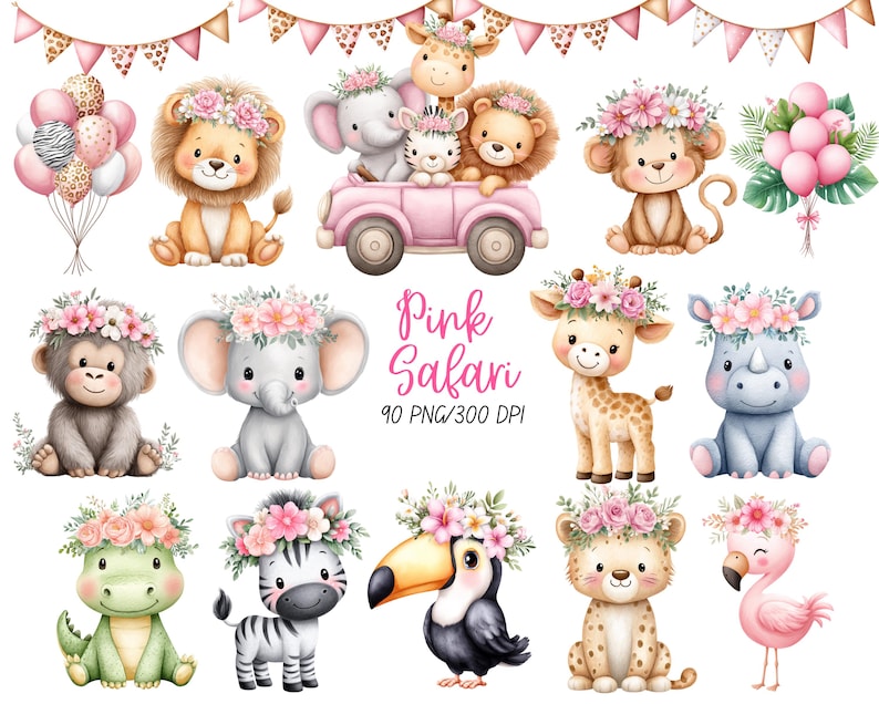 Pink Safari Animals Clipart, Baby Girl Clipart Png, Safari Nursery ...
