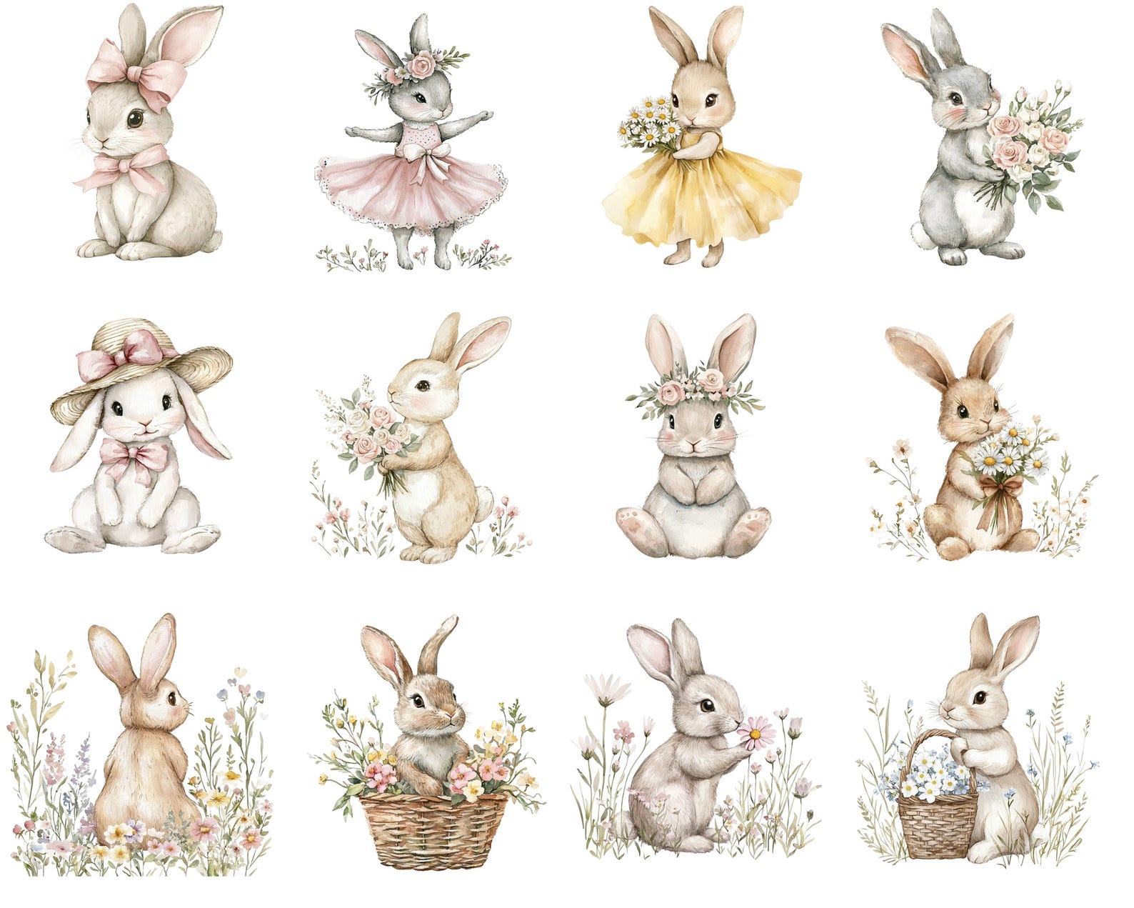 Watercolor Easter Bunnies Clipart, Bunny Girl PNG, Pink Bunnies Clipart ...