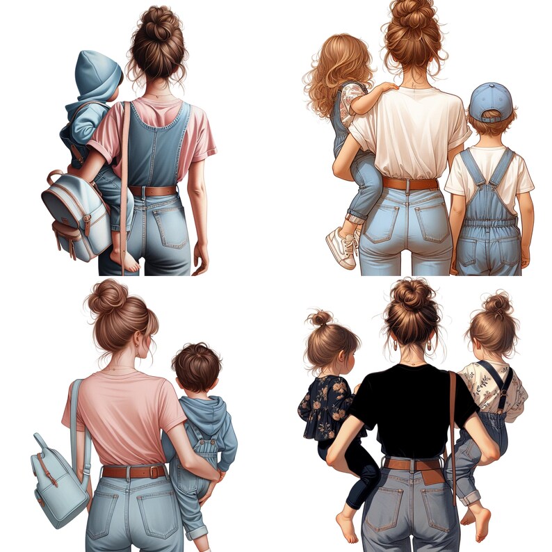 22 PNG Messy Bun Mom Clipart Bundle, Watercolor Mother and Children ...