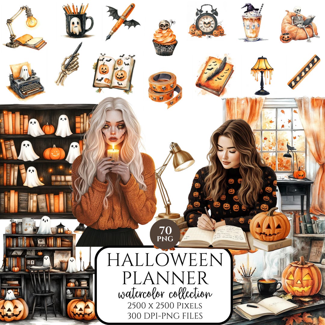 Halloween Planner Girl Clipart, Spooky Fall PNG, Autumn Journaling ...