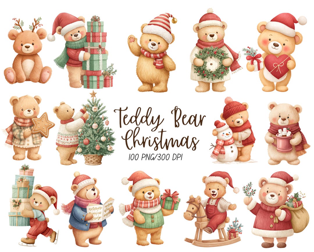 Watercolor Christmas Teddy Bear Clipart Set: PNG Elements (commercial ...
