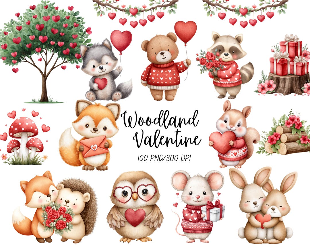 Watercolor Woodland Romance Clipart, Valentines Day Clip Art, Romantic ...