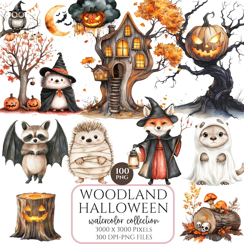 Halloween Woodland Animals Clipart Bundle, Cute Fall Halloween PNG ...
