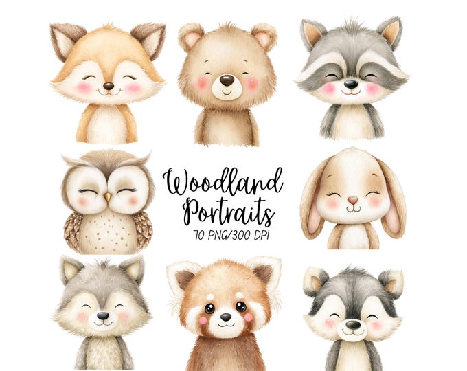 Watercolor Woodland Portraits Clipart, Cute Animals Clipart, Baby ...