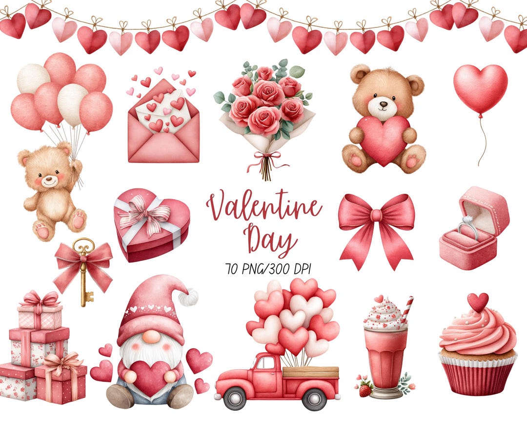 Cute Valentine Clipart, Watercolor, Kawaii Png, Valentine Sublimination ...