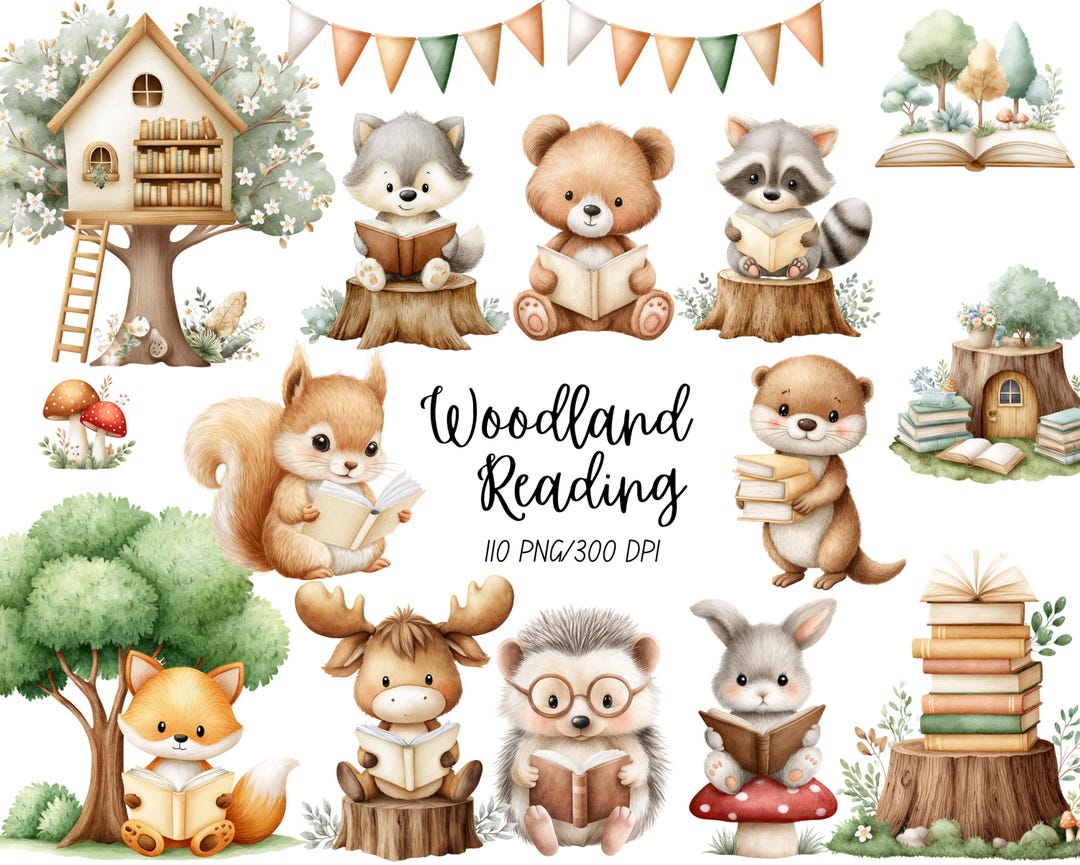 Animals Reading Books Clipart, Cute Woodland PNG, Forest Library ...