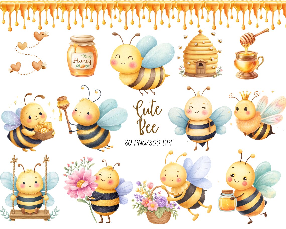 Cute Honey Bee Clipart Bundle, Watercolor Bees Clip Art, Cute Bumblebee ...