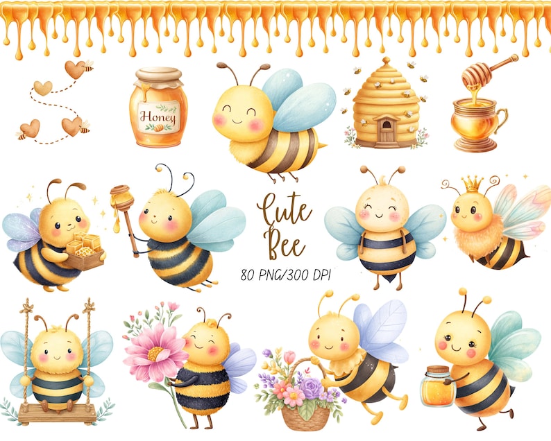 Cute Honey Bee Clipart Bundle, Watercolor Bees Clip Art, Cute Bumblebee ...