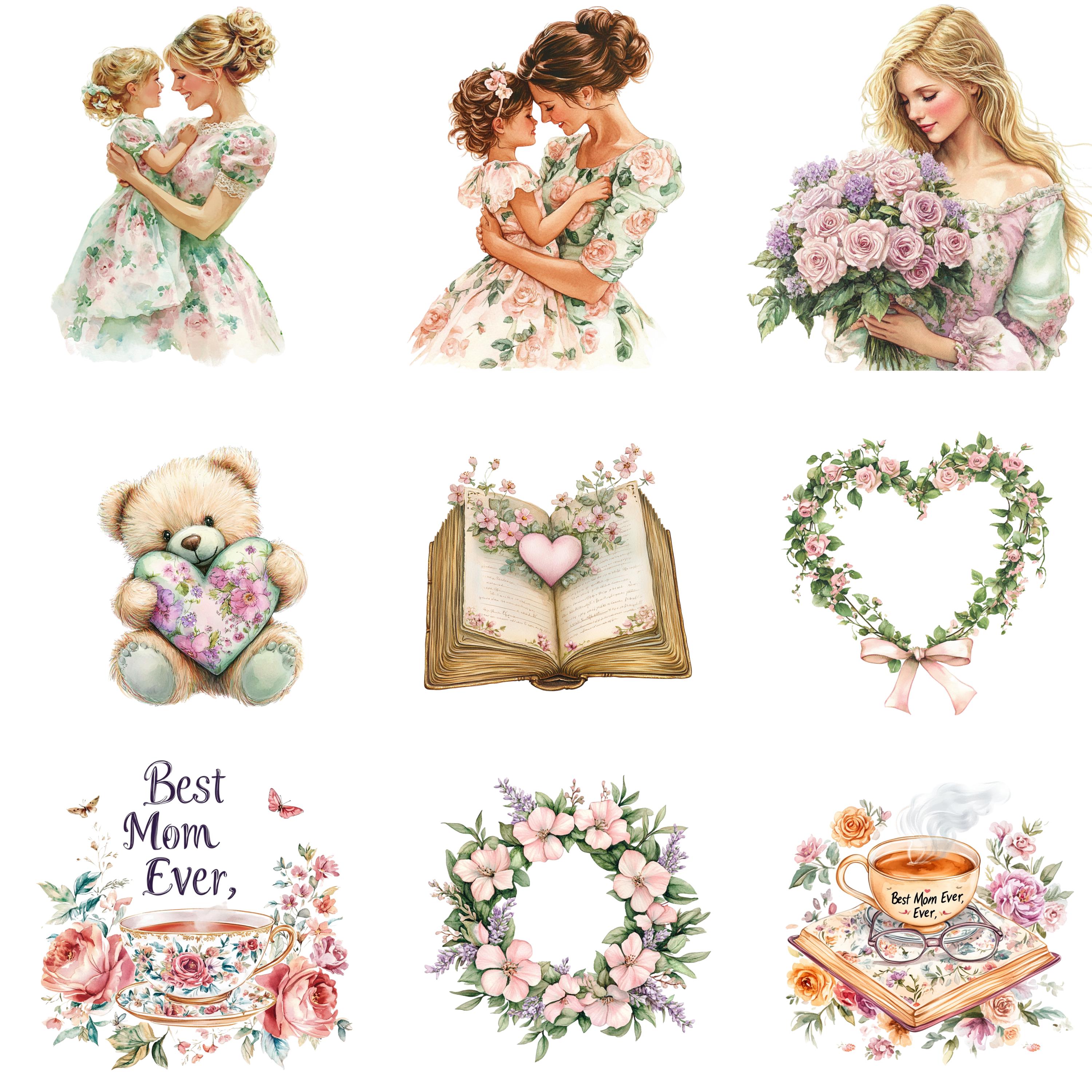 Watercolor Mother’s Day Clipart, Mom and Me, Floral Mother’s Day Mother ...