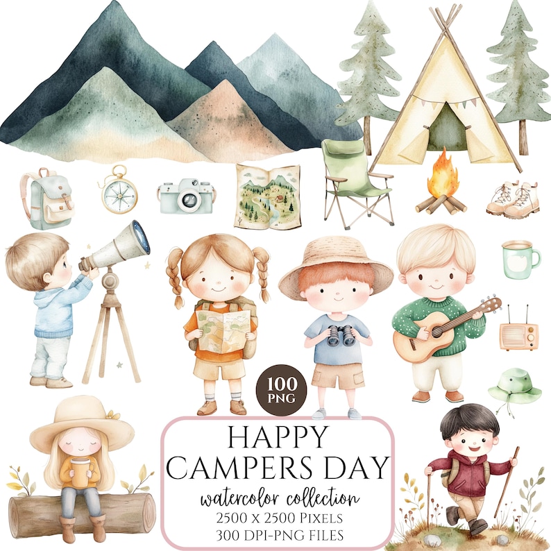 Cute Camping Clipart Bundle, Outdoor Adventure PNG, Nature Vacation ...