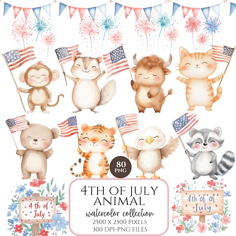 4th of July Cute Animals Clipart, Watercolor Independence Day, Bear Fox ...