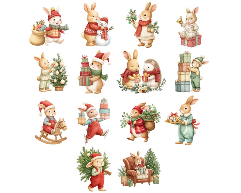 Christmas Bunny Clipart: Festive Holiday Bunnies PNG (digital Download ...