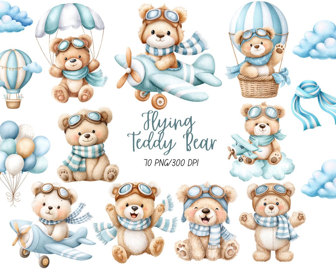 Aviator Teddy Bear Clipart, Flying Teddy Bear Clipart, Watercolor ...