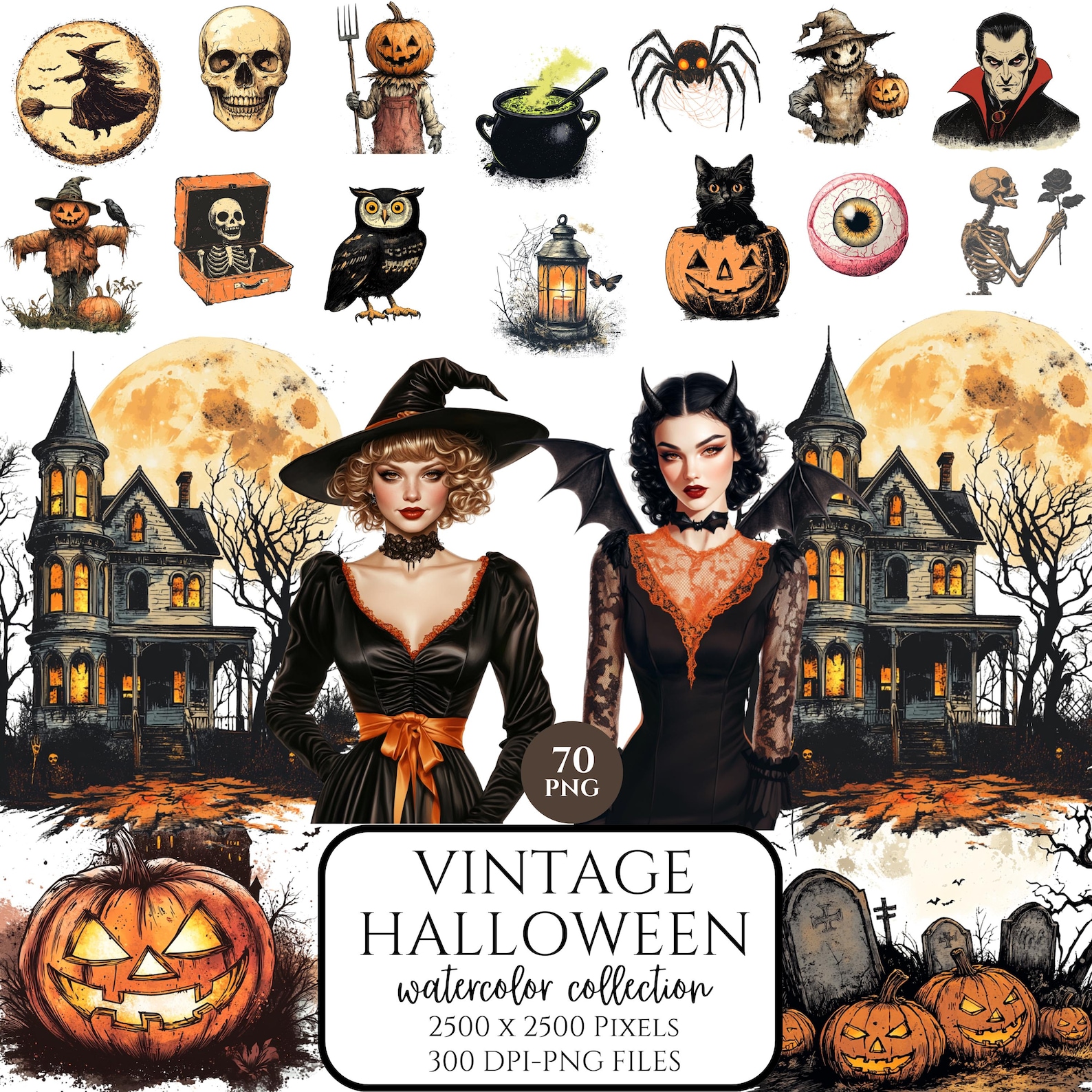 Vintage Halloween Clipart Bundle, Spooky PNG for Sublimation ...