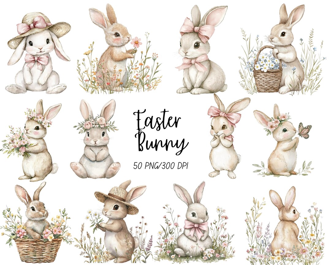 Watercolor Easter Bunnies Clipart, Bunny Girl PNG, Pink Bunnies Clipart ...