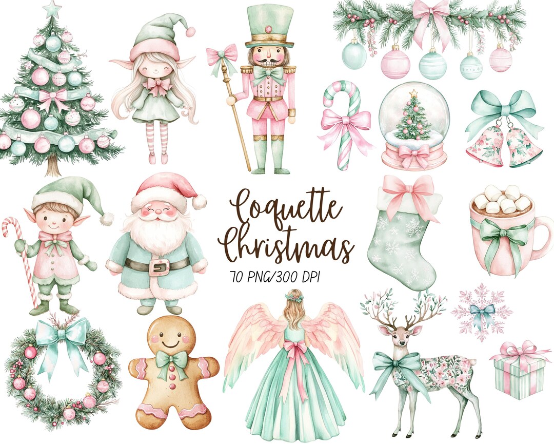 Coquette Christmas Clipart, Preppy Xmas, Rococo Holiday, Grandmillenial ...