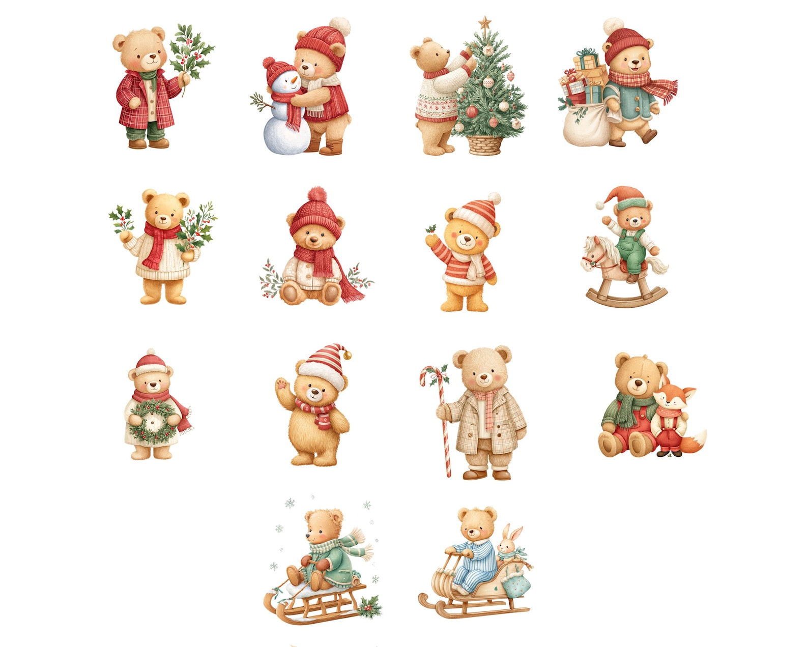 Watercolor Christmas Teddy Bear Clipart Set: PNG Elements (commercial ...