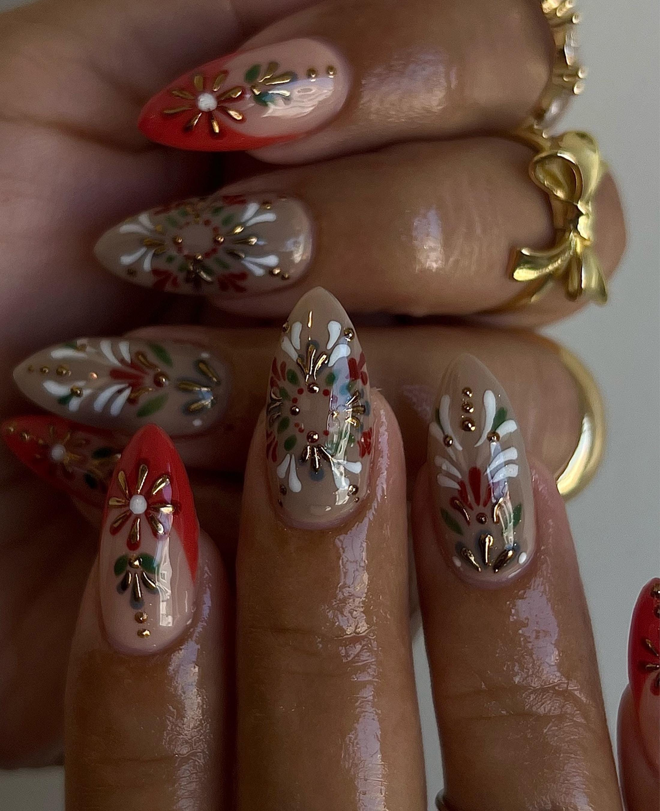 Boho-chic Floral Press on Nails, Red and Gold Artistic Nails, Hand ...