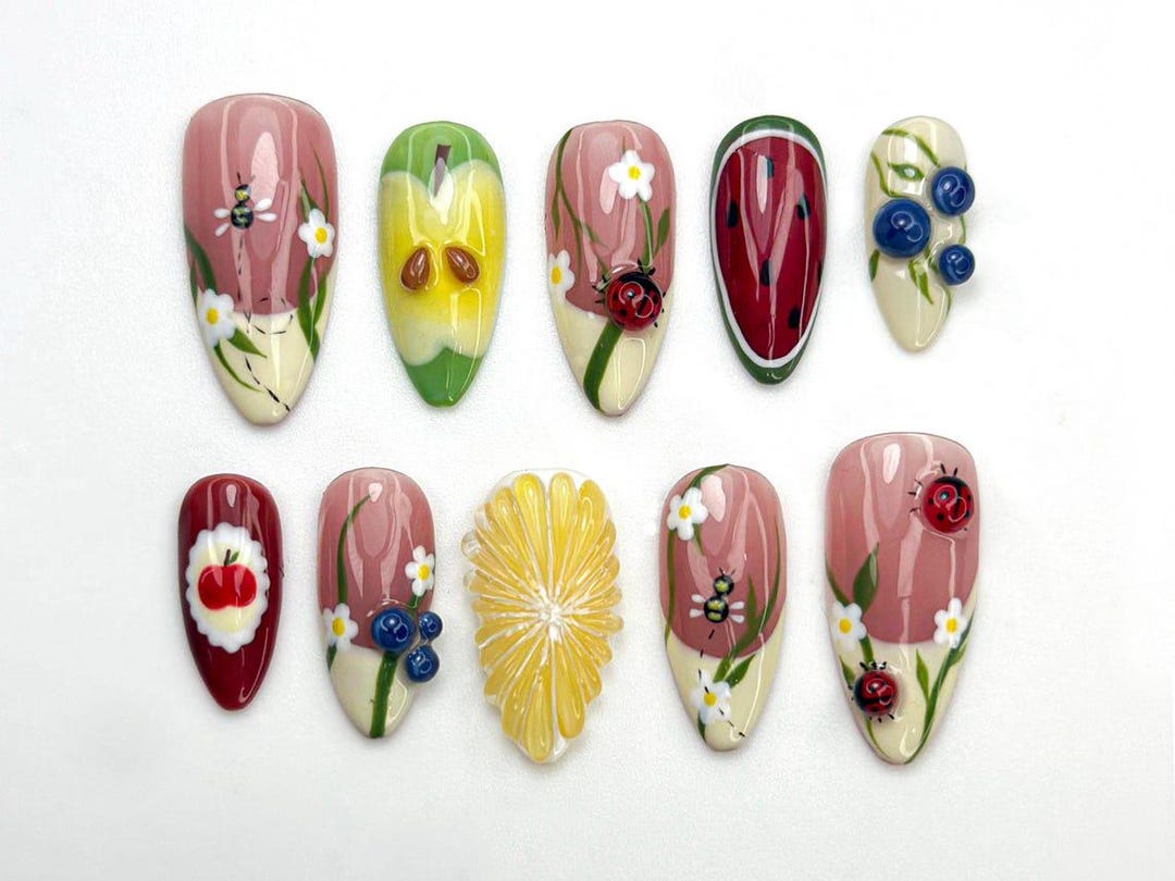 Garden Picnic Press on Nails | Fruit & Floral Summer Nail Art | 3D ...