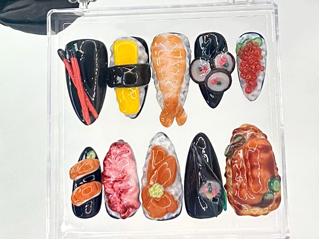 Sushi Lover’s Almond Nails | Kawaii 3D Sushi Fake Nails | Fun Sushi ...