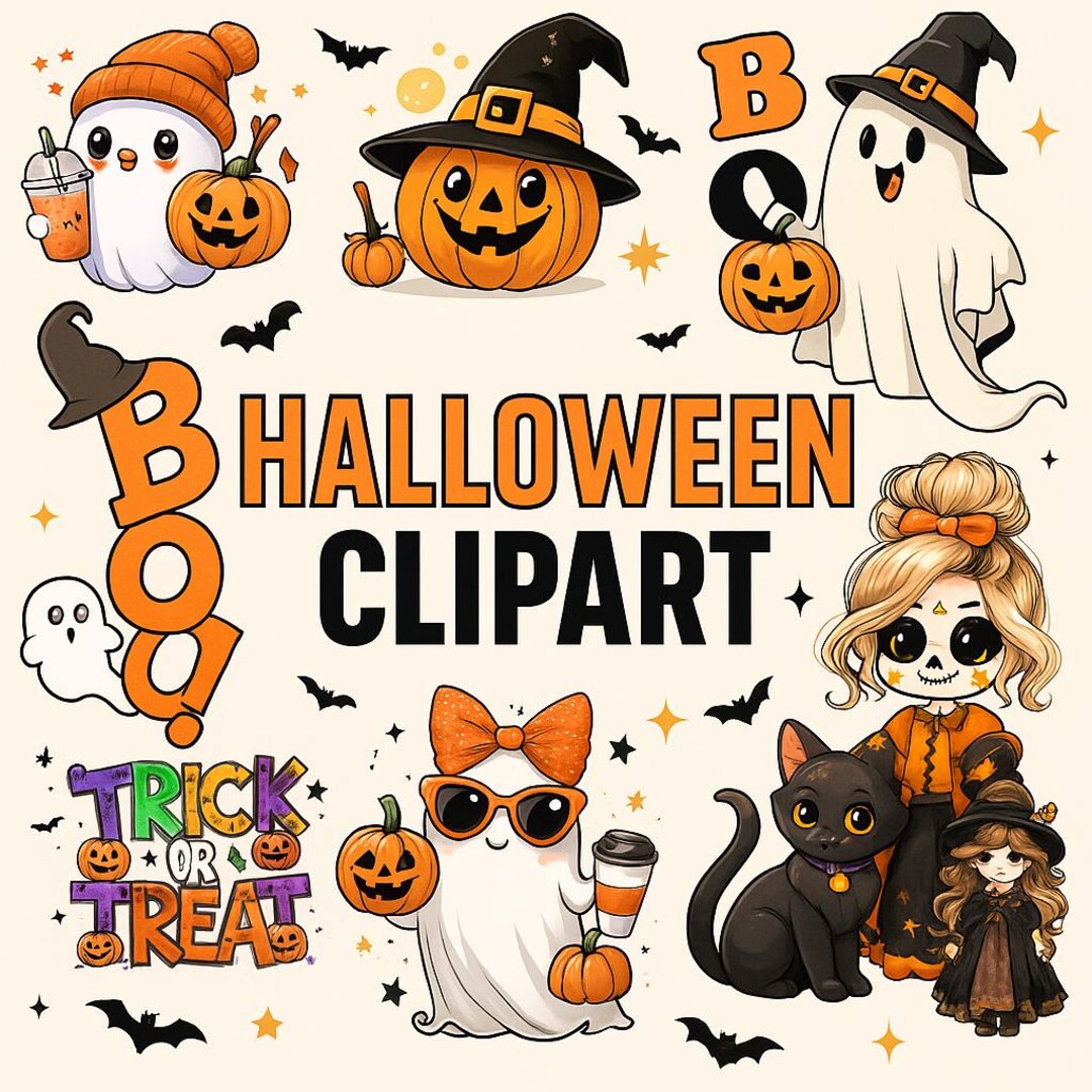 Halloween Clipart Bundle | Cute Ghost PNG, Kawaii Halloween Stickers ...