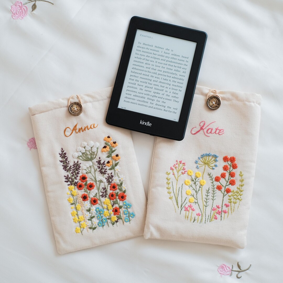 Hand Embroidered Kindle Sleeve | Linen Book Cover | Padded E-reader ...