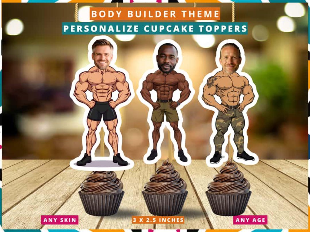 Personalized Bodybuilder Cupcake Toppers, Fitness Birthday (digital ...