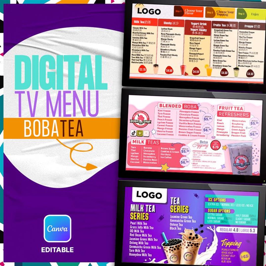 1 Customize Editable Boba Tv Menu Profesionally | Digital Boba TV Menu ...