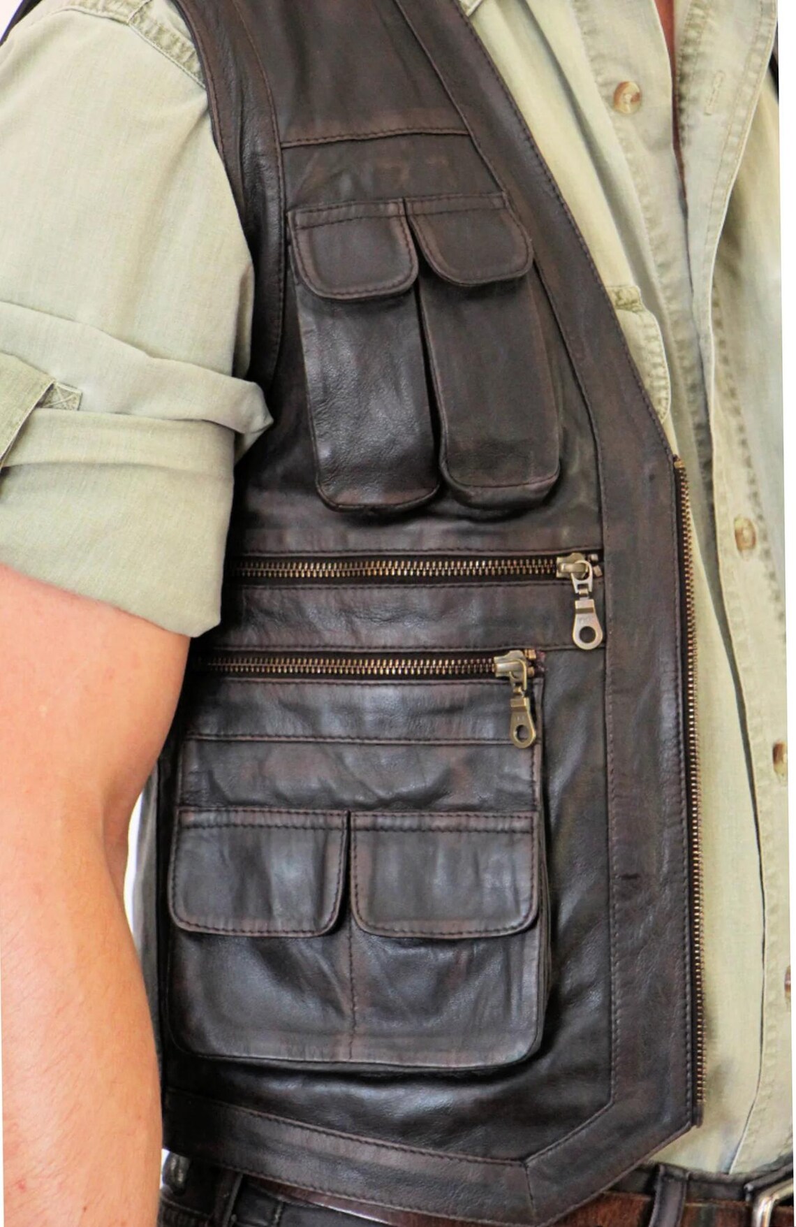 Safari Brown Rub-buff Leather Vest Multiple Pockets Front Side. - Etsy