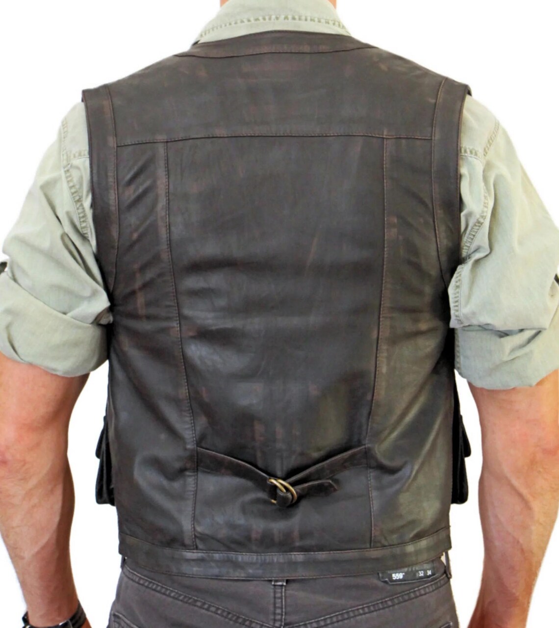 Safari Brown Rub-buff Leather Vest Multiple Pockets Front Side. - Etsy