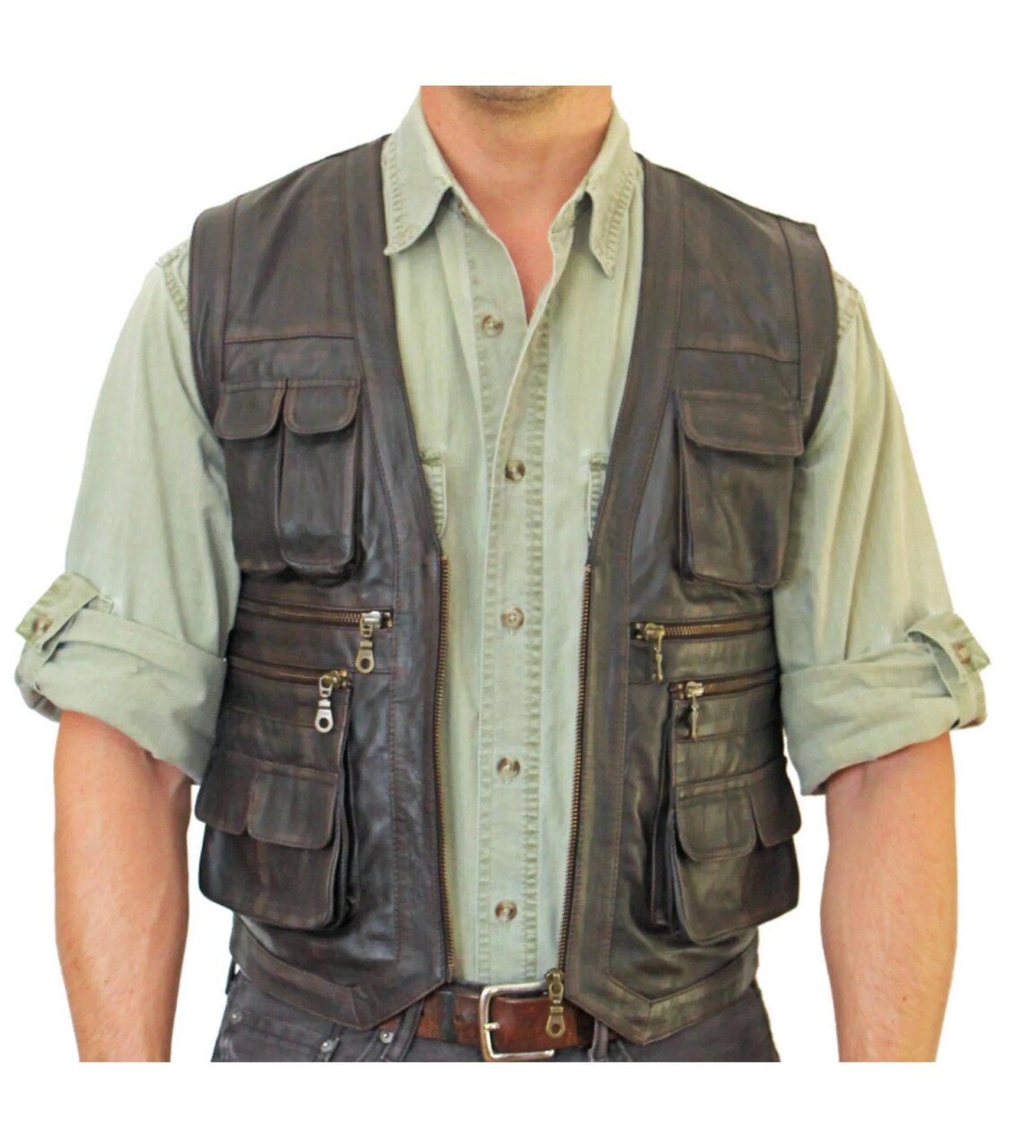 Safari Brown Rub-buff Leather Vest Multiple Pockets Front Side. - Etsy