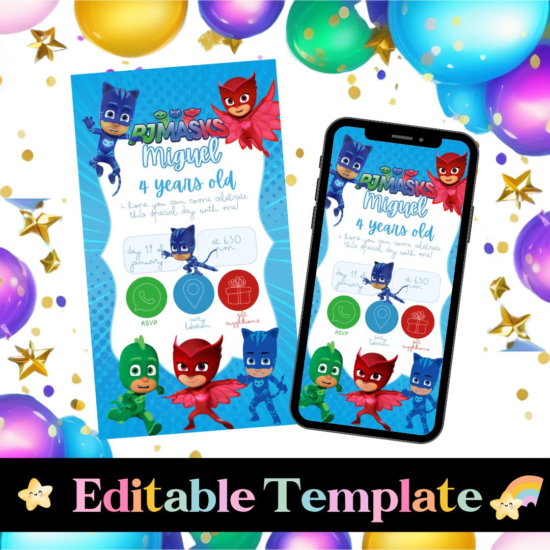 PJ Masks Editable Birthday Invitation Digital Birthday Party Invitation ...