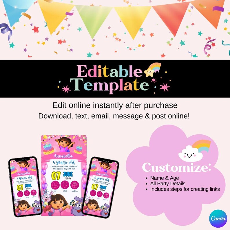 Dora the Explorer Pink Editable Birthday Invitation Digital Birthday ...