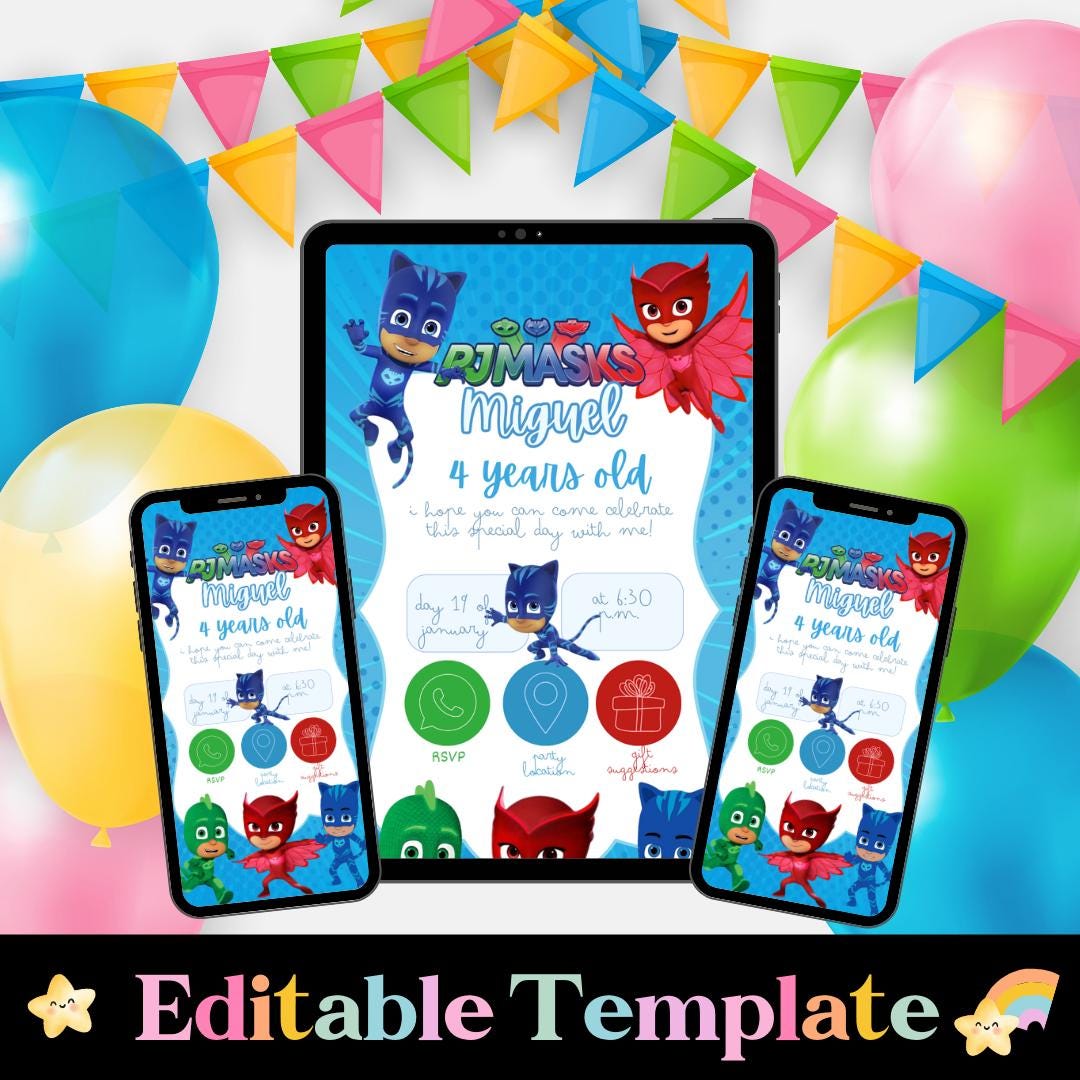 PJ Masks Editable Birthday Invitation Digital Birthday Party Invitation ...