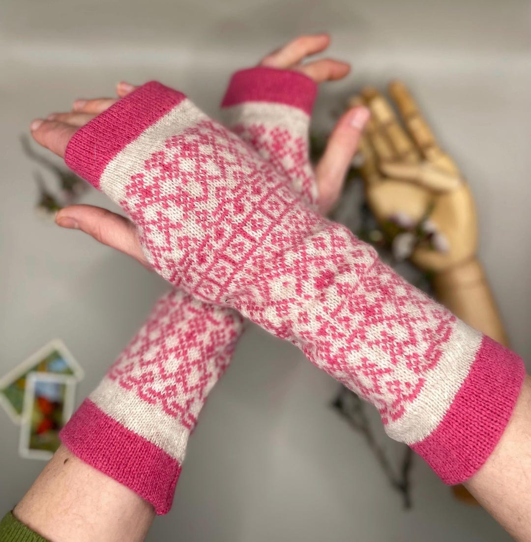 Linen Pink Fair Isle Fingerless Mittens: Knitted Lambswool Wrist ...
