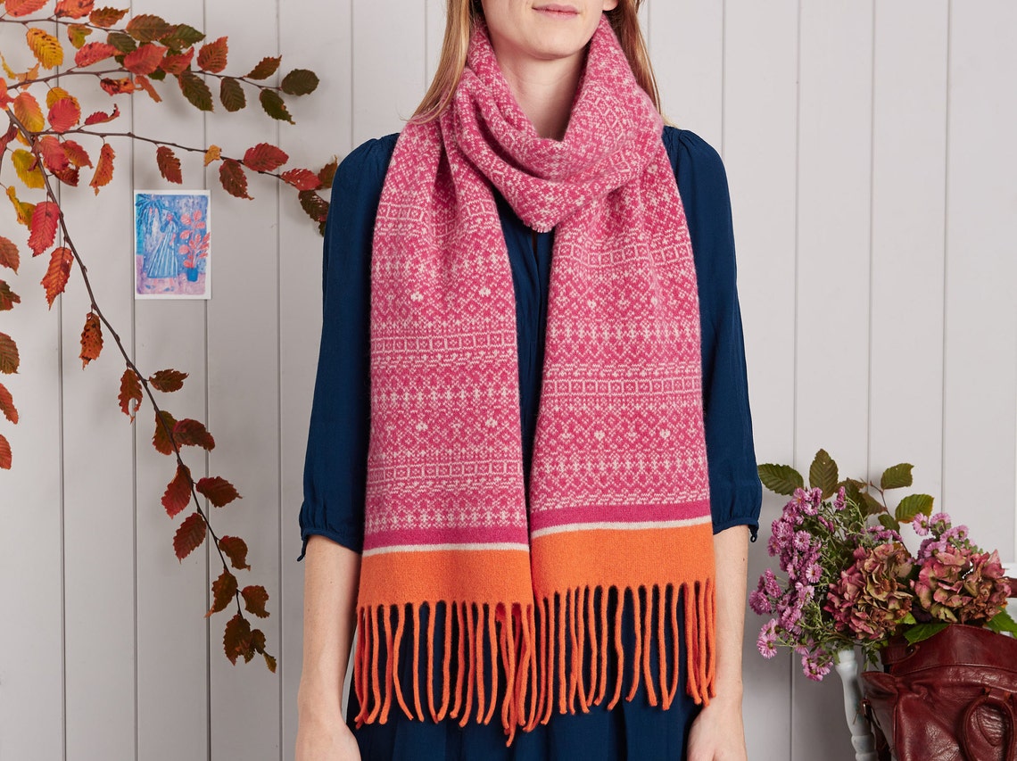 Fair Isle Knitted Scarf Blanket Scarf Monochrome Scarf Wool - Etsy