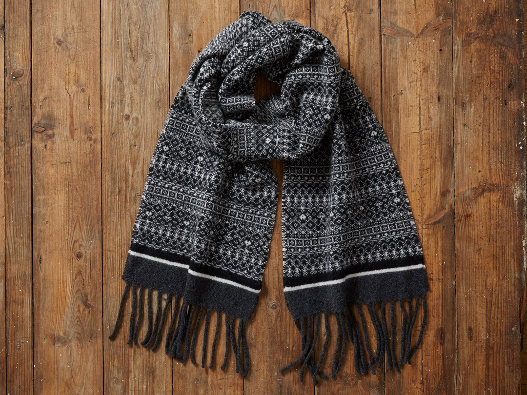 Fair Isle Knitted Scarf Blanket Scarf Monochrome Scarf Wool - Etsy