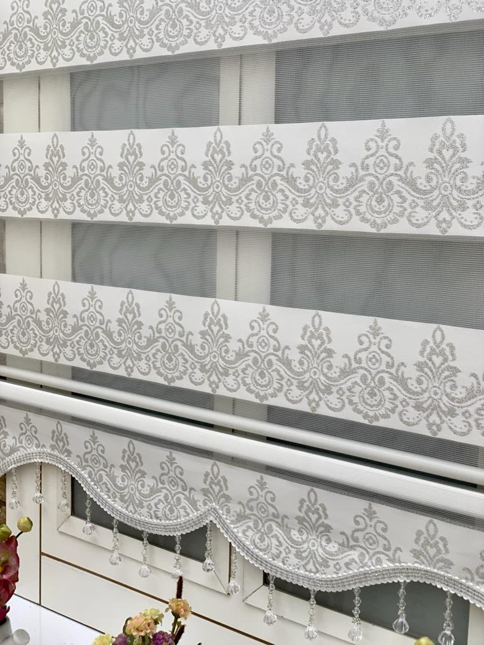 Luxury Scroll Design Zebra Shades | White and Silver Glam Window Blinds ...
