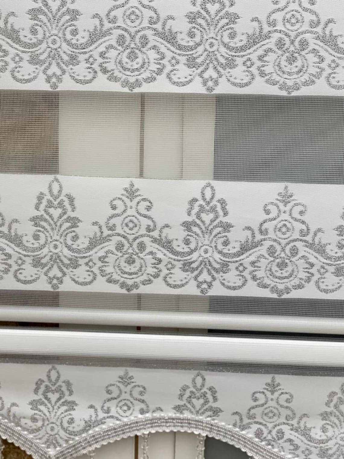 Luxury Scroll Design Zebra Shades | White and Silver Glam Window Blinds ...