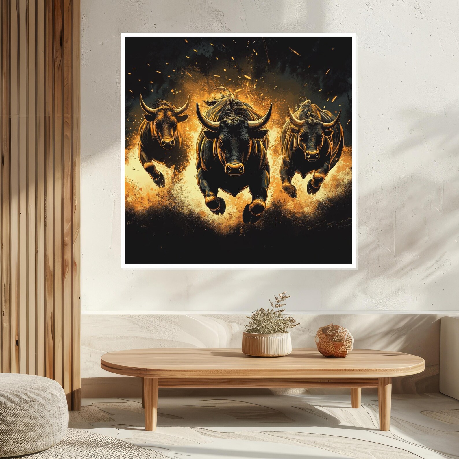 Fiery Bull Rush Canvas, Powerful Bull Art, Bull Trio Poster, Wall Art ...