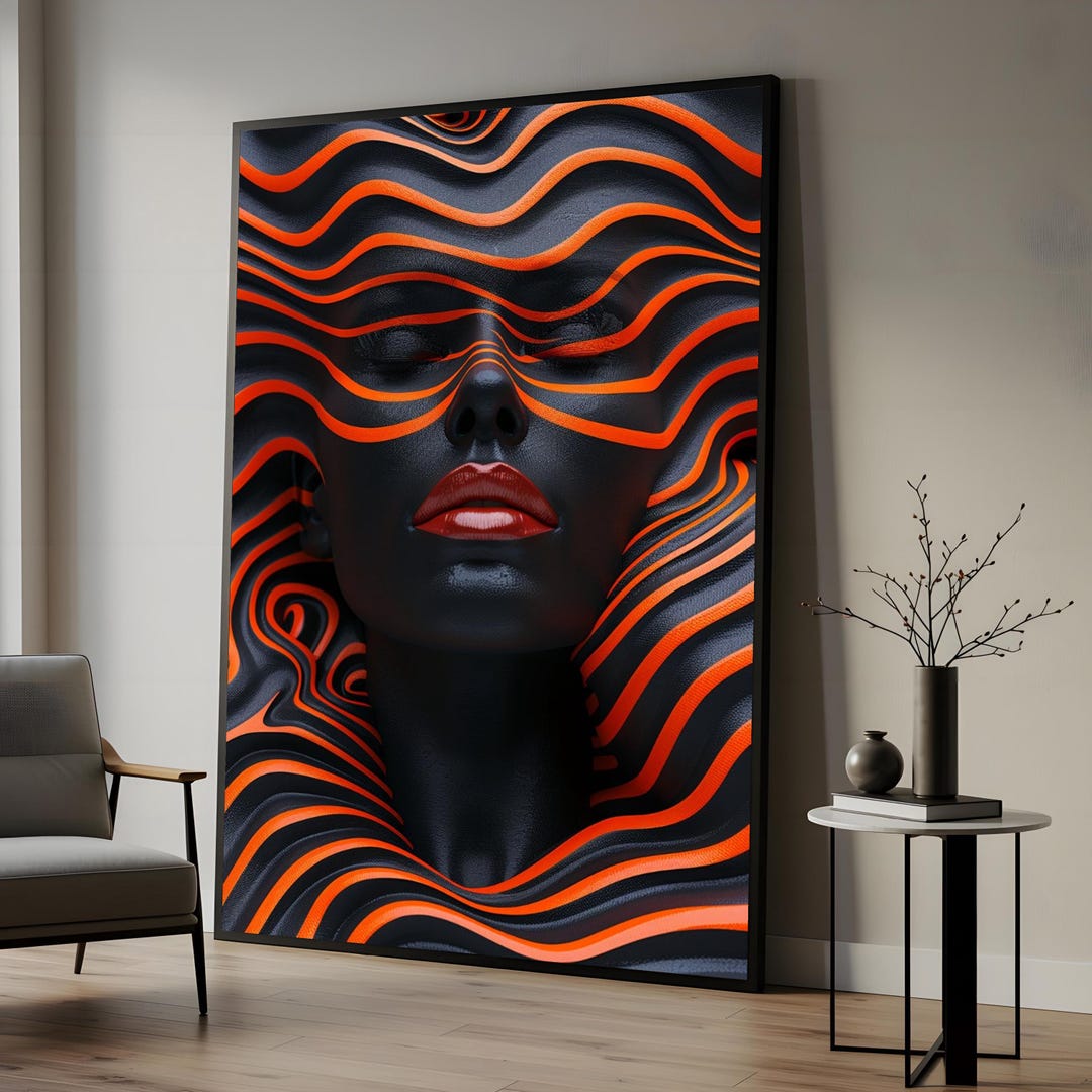 Abstract Waves Canvas, Vibrant Face Art, Striped Orange Black Design ...