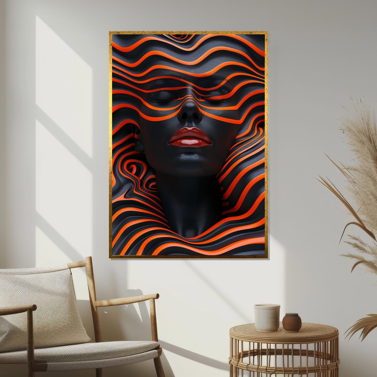 Abstract Waves Canvas, Vibrant Face Art, Striped Orange Black Design ...