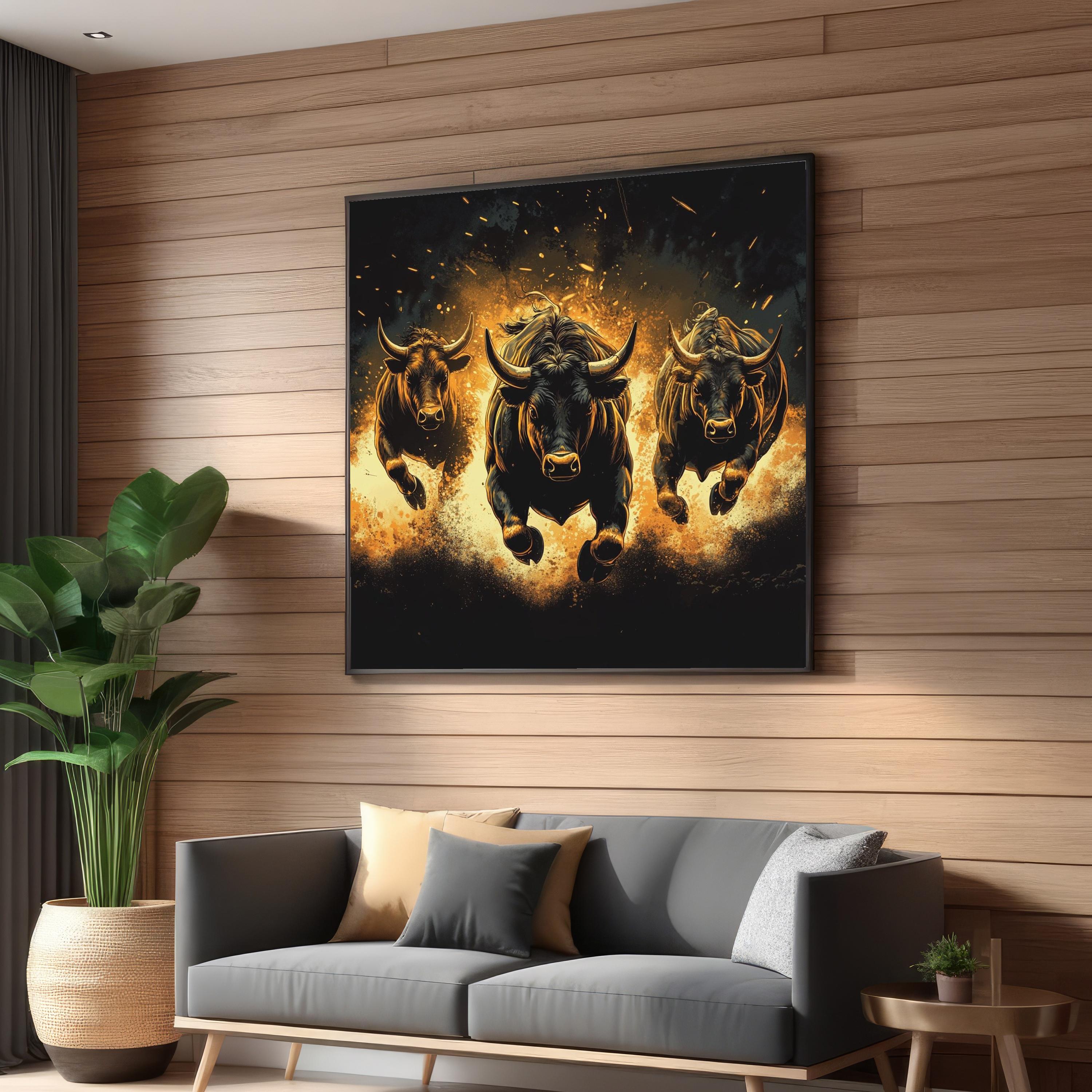 Fiery Bull Rush Canvas, Powerful Bull Art, Bull Trio Poster, Wall Art ...