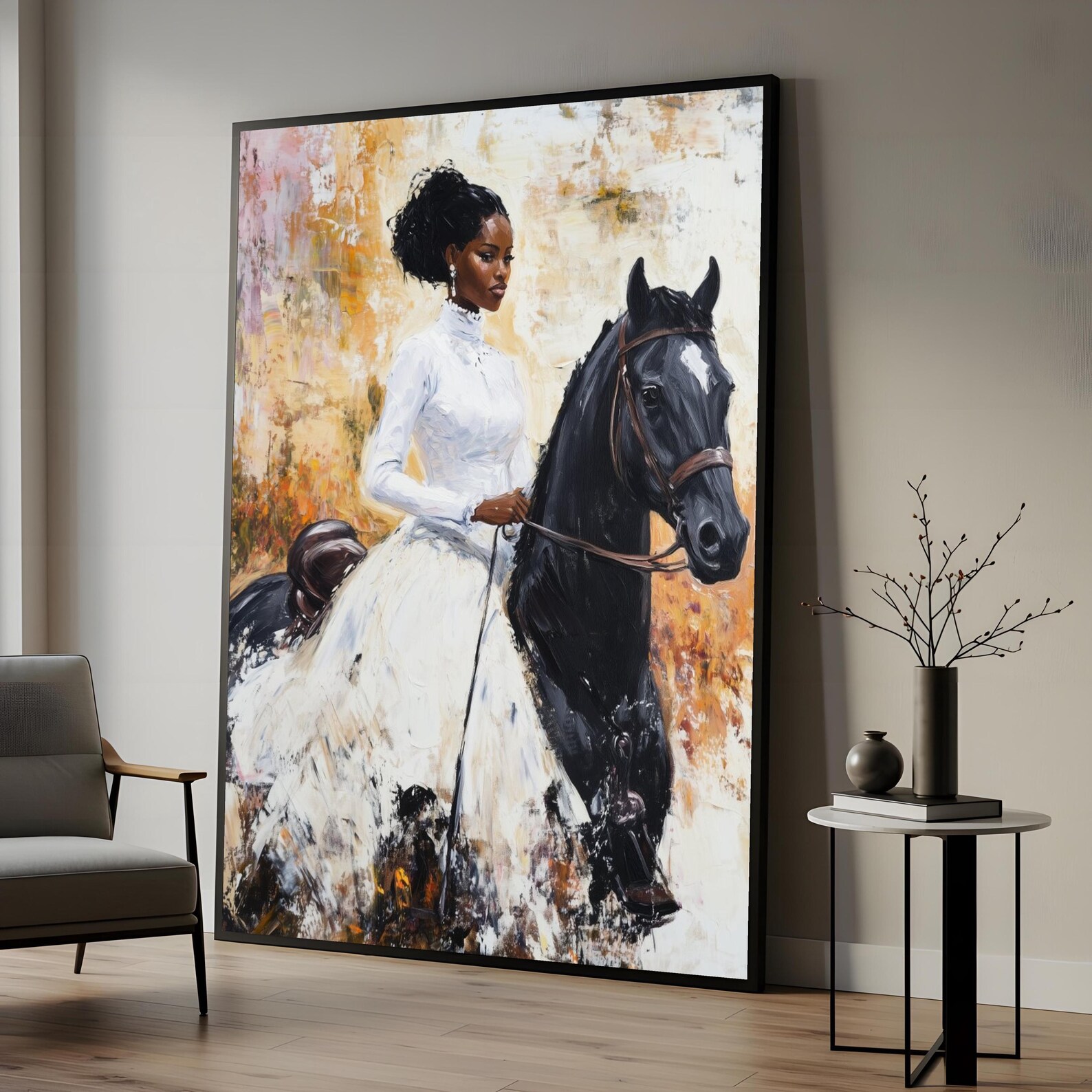 Elegant Equestrian Lady Canvas, Black Horse Portrait, Wall Art Canvas ...