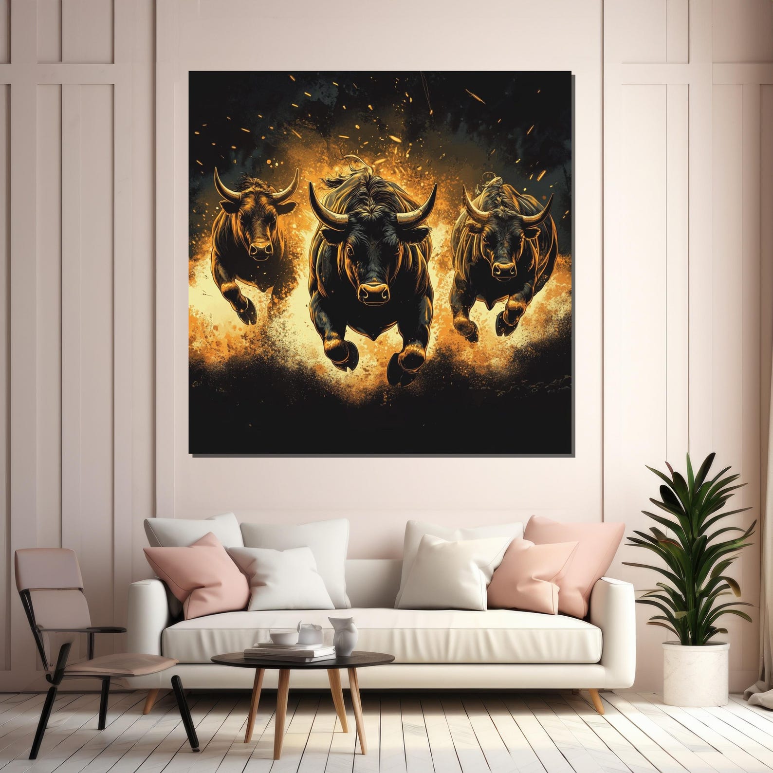 Fiery Bull Rush Canvas, Powerful Bull Art, Bull Trio Poster, Wall Art ...