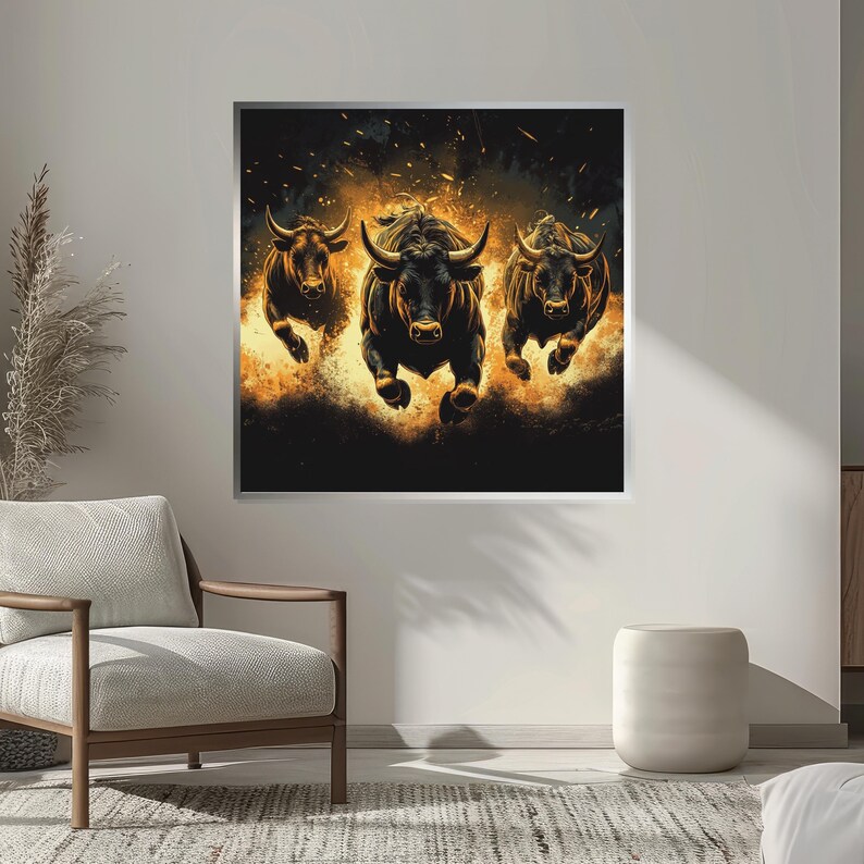 Fiery Bull Rush Canvas, Powerful Bull Art, Bull Trio Poster, Wall Art ...