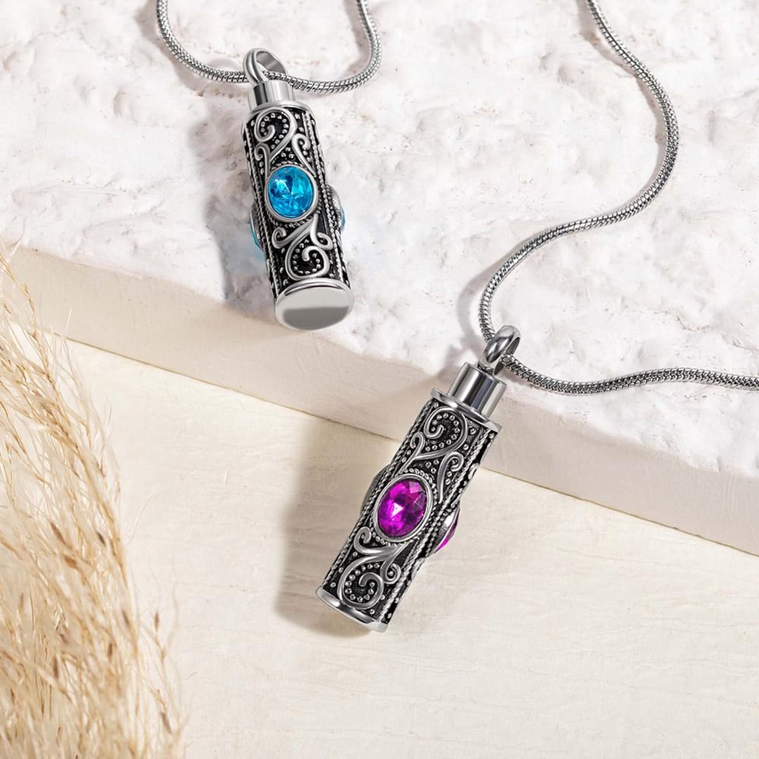 Personalized Vintage Cylinder Ashes Urn Pendant Necklace—carved Pattern ...